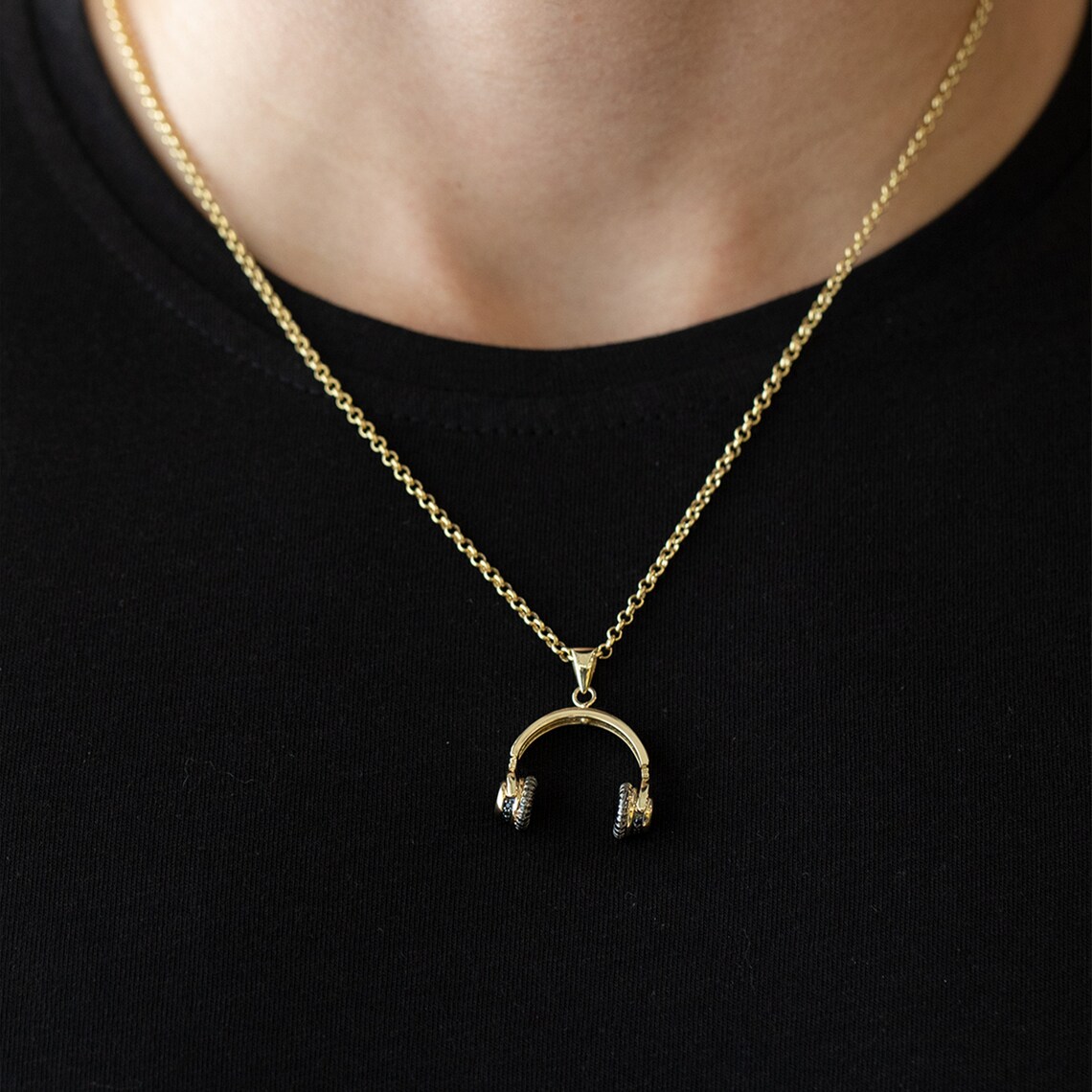Men's 14K Yellow Gold DJ Necklace, Solid Gold Headphone Necklace, Gold ...