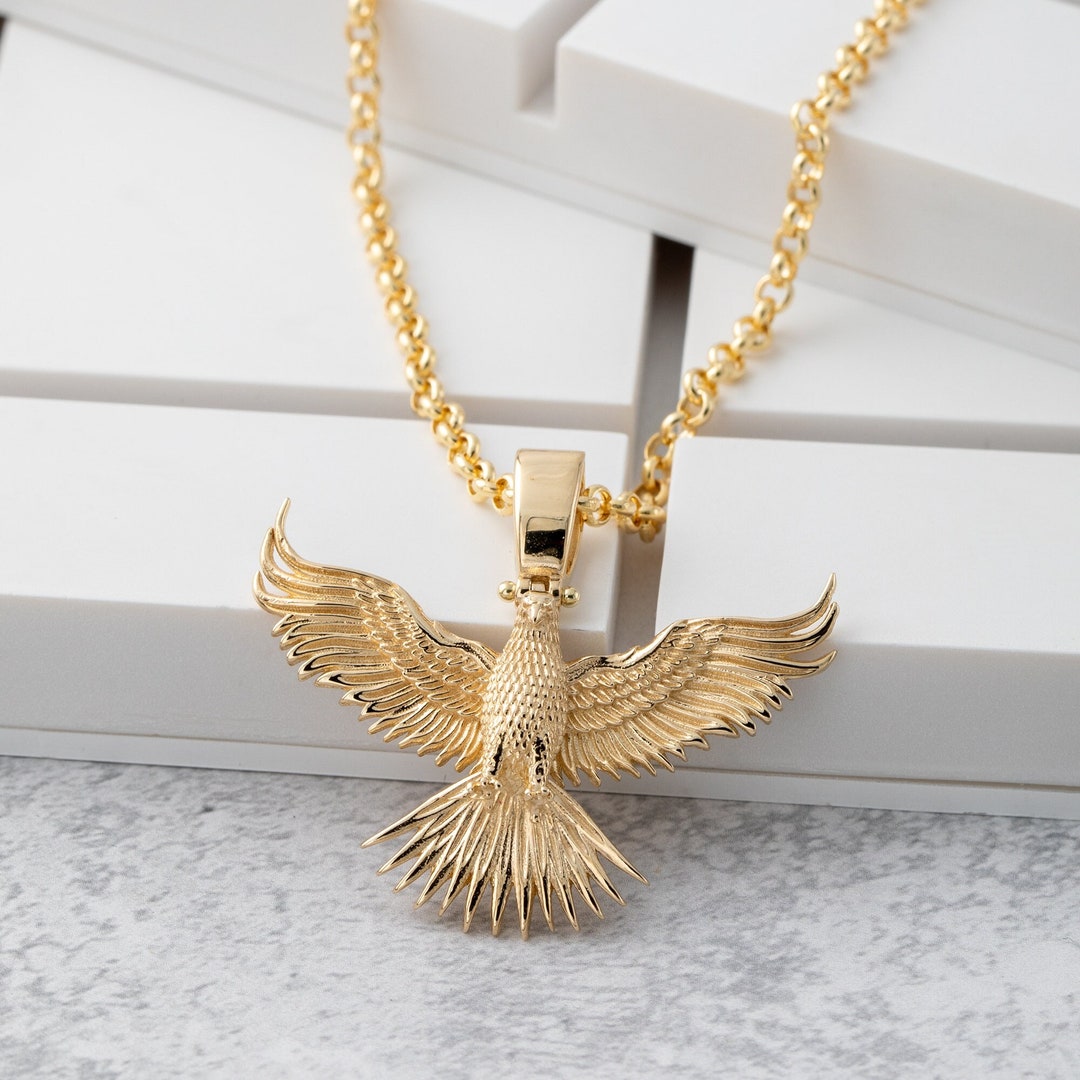 Men's 14k Solid Gold American Eagle Pendant, 14K Real Gold Eagle ...