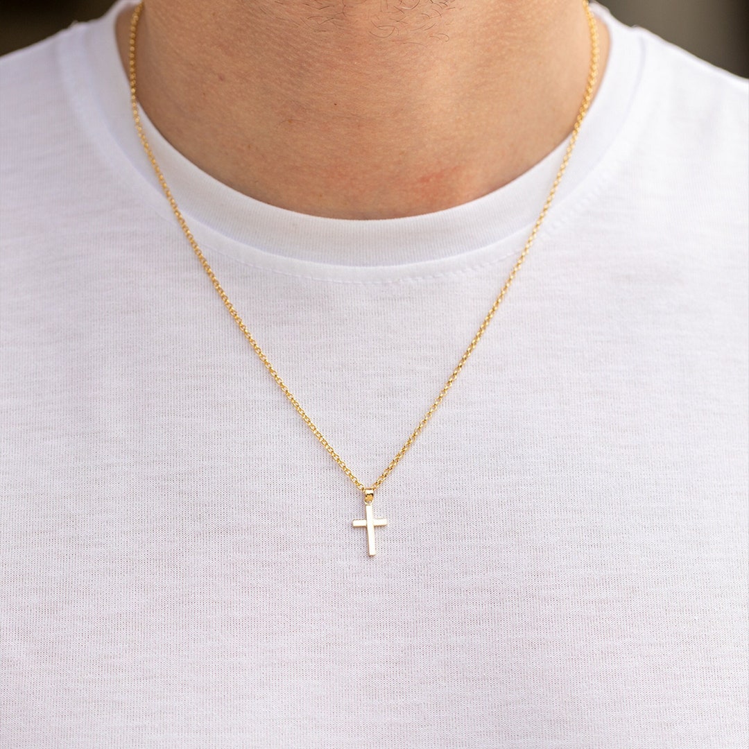 Simple 14k Solid Gold Cross Necklace, Men's Cross Necklace, 14K Real ...