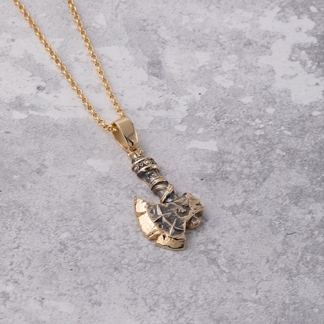 Men's 14k Gold Viking Axe Pendant, 14K Solid Gold Scandinavian War Axe ...