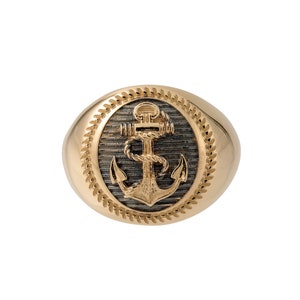 14K Solid Gold Nautical Men's Ring, Anchor Signet Men's Ring, Real Gold ...