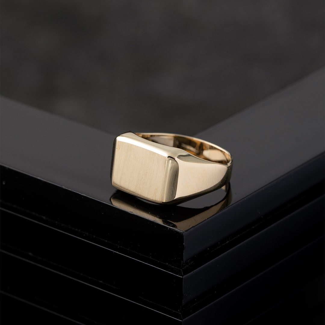 14k Yellow Gold Men's Rectangle Signet Ring Engraved Men's Jewelry - Etsy