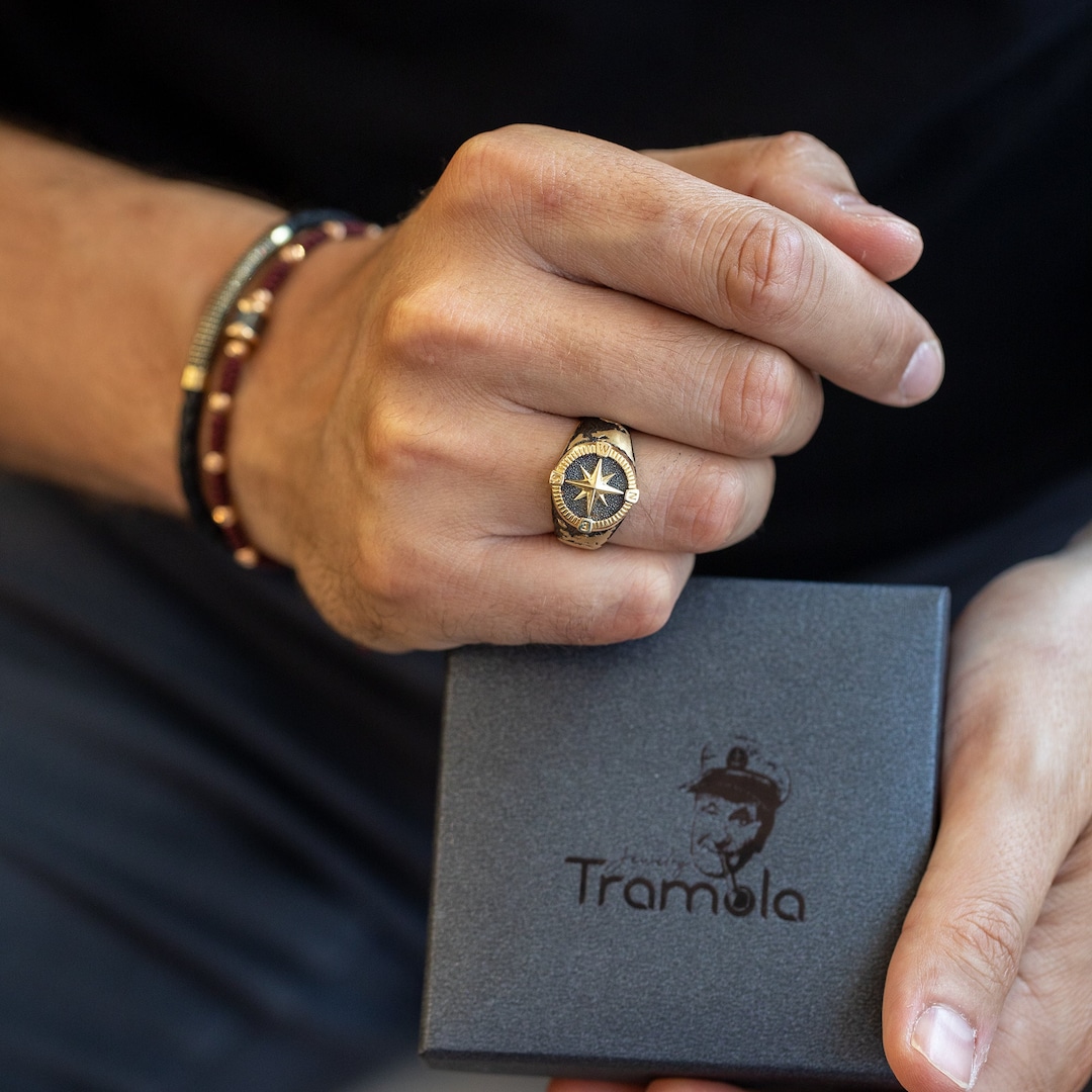 14K Solid Gold Sailor Compass Rings for Men, 14K Nautical Compass Ring, Journey Compass Ring ...