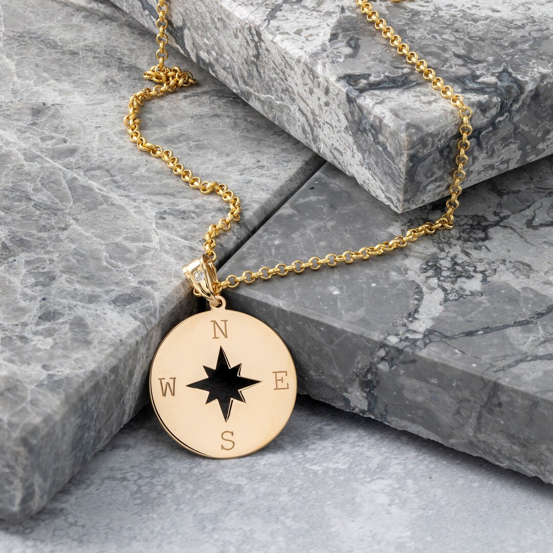 14k Solid Gold Compass With Polar Star Pendant, 14K Yellow Gold North ...