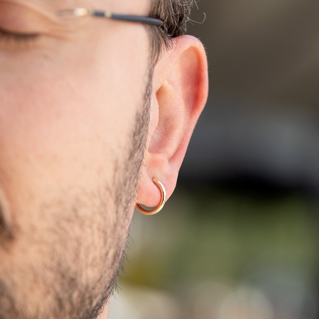 Men's Solid Gold Hoop Earring in 14k White Yellow or Rose Gold, Men's Huggie Hoop Earrings ...