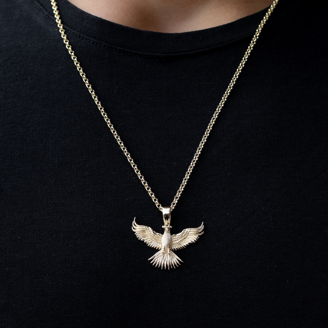 Men's 14k Gold Eagle Pendant, 14K Yellow Solid Gold Eagle With Wings ...