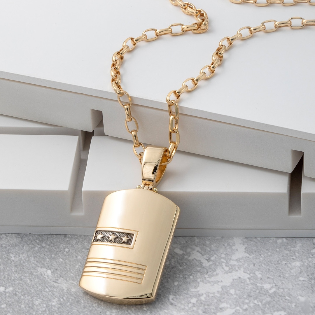 14K Solid Gold ID Tag Pendant for Men, Personalized Name Tag Necklace ...