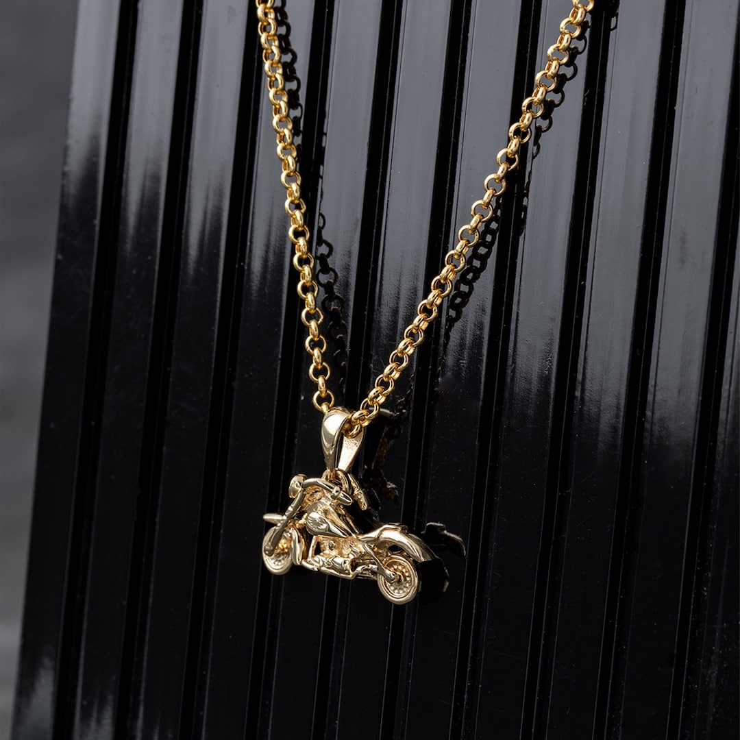 14K Gold Motorcycle Pendant for Men | Solid Gold Chopper Necklace - Etsy