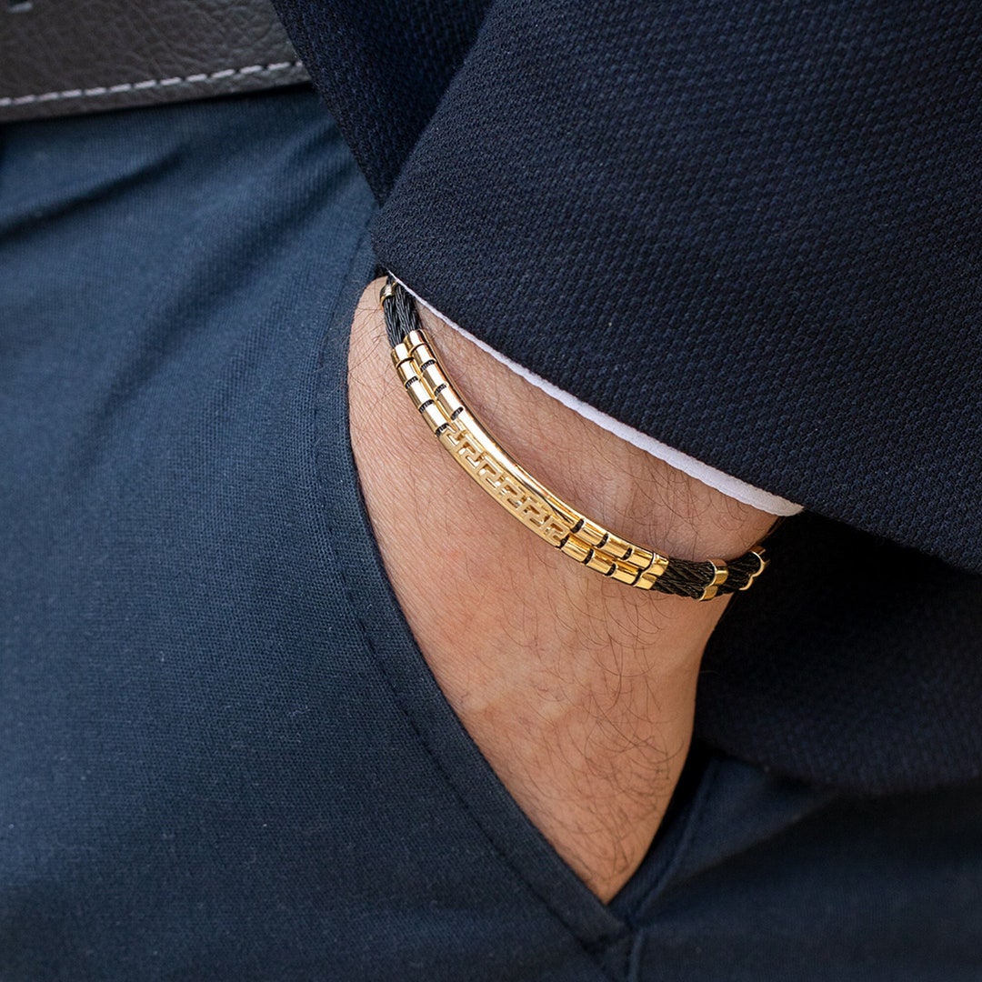 Solid Gold Men Black Bracelet, 14k Solid Gold Men Cuff Bracelet, Men ...