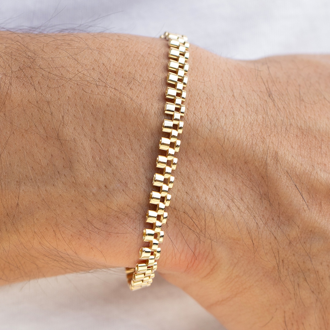 14K Real Yellow Gold Classic Bracelet for Man, Men Jewelry, Band Style ...