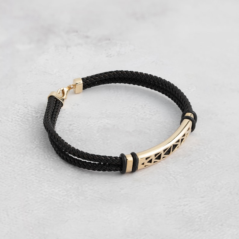 14K Real Gold Black Rope Bracelet Solid Gold Bracelet for - Etsy