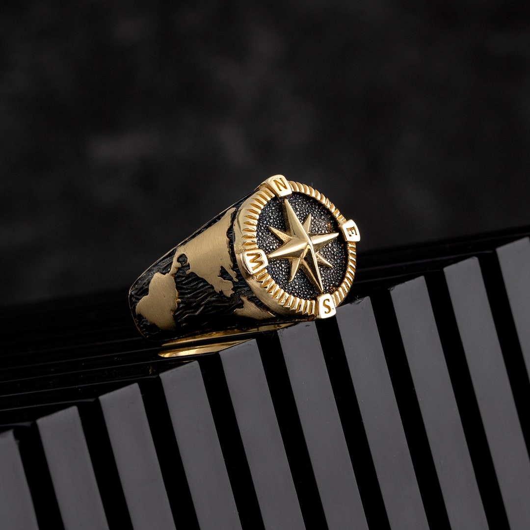 14k Gold Compass Statement Ring, Gold Nautical Ring, Solid Gold ...