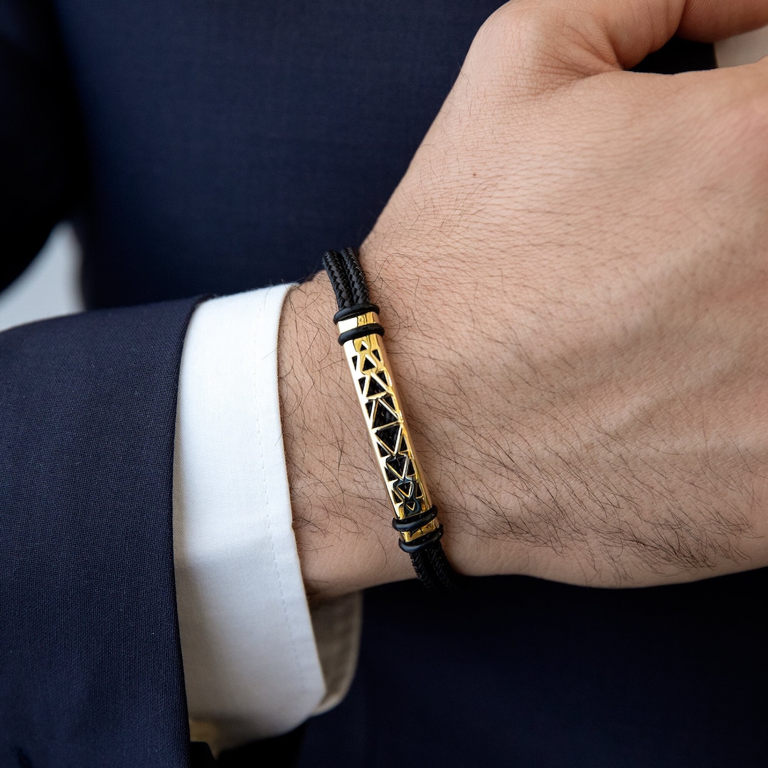 14K Real Gold Black Rope Bracelet, Solid Gold Bracelet for Men, Yellow ...