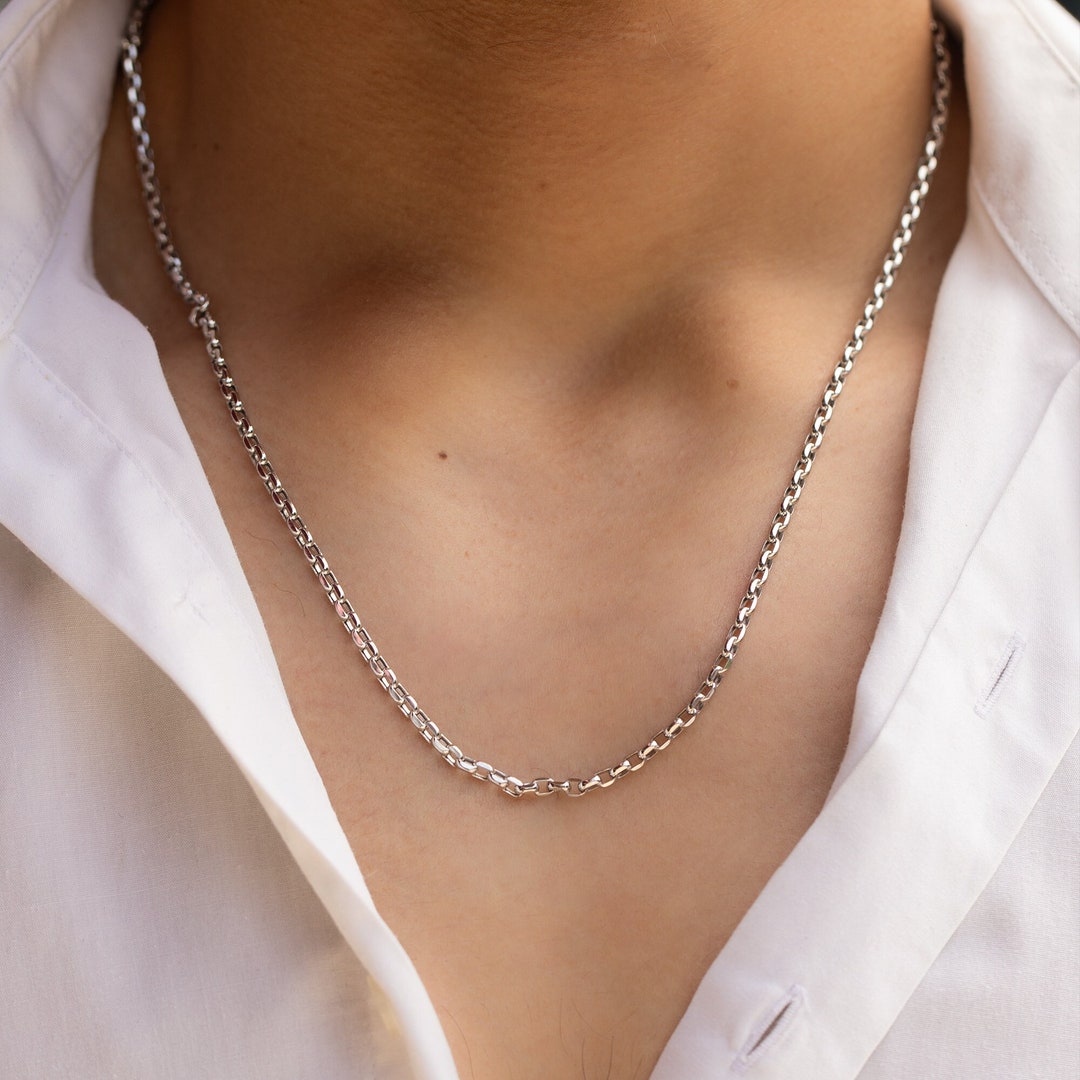 14K Solid White Gold Rolo Box Chain for Men, Round Box Chain 18-26 ...