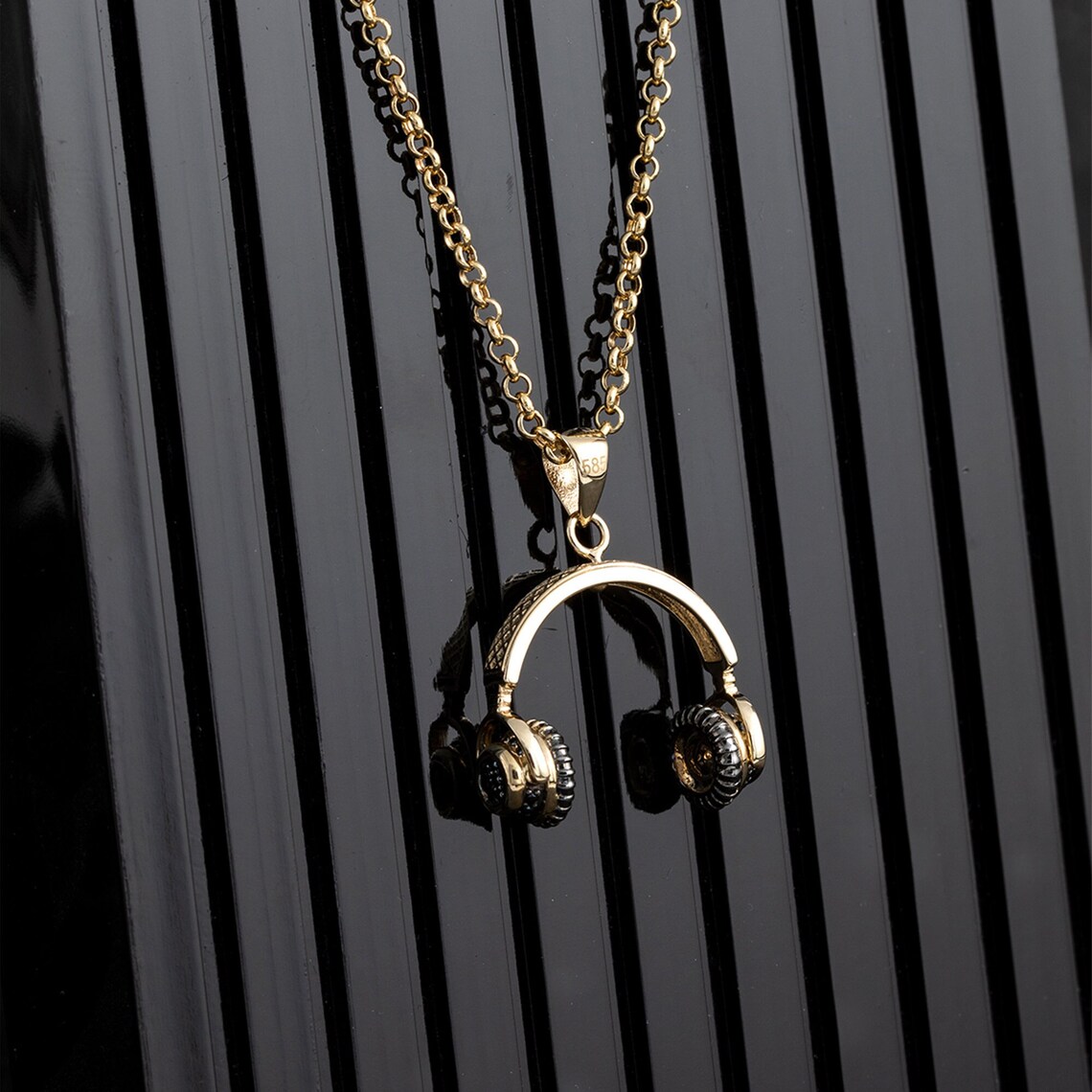 Men's 14K Yellow Gold DJ Necklace, Solid Gold Headphone Necklace, Gold ...
