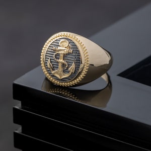 14K Solid Gold Nautical Men's Ring, Anchor Signet Men's Ring, Real Gold ...