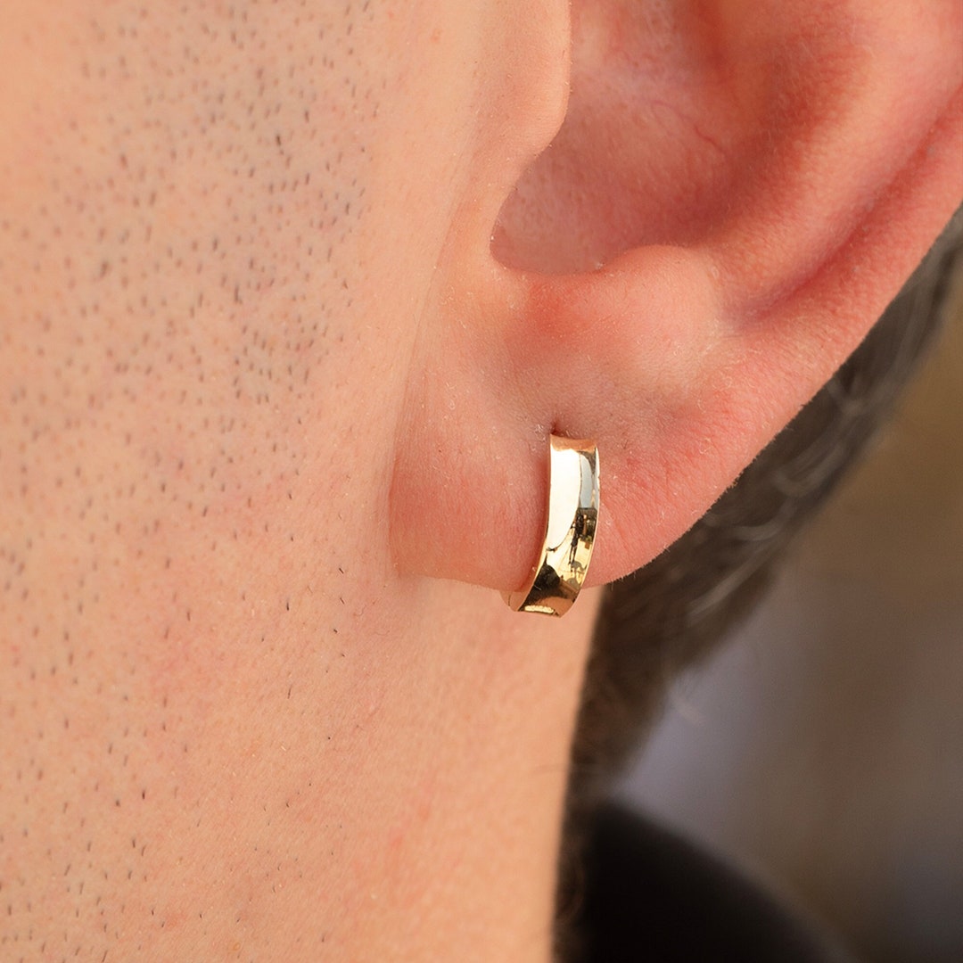 Men's Solid Gold Hoop Earring , 14K Yellow Gold Mini Huggie Earrings ...
