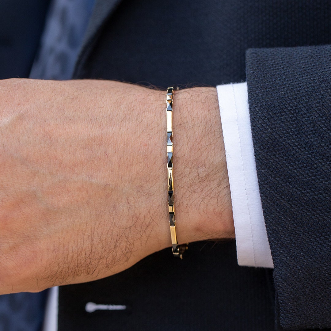 14K Real Gold Men Link Bracelet, Solid Yellow Gold & Black Ceramic Man ...