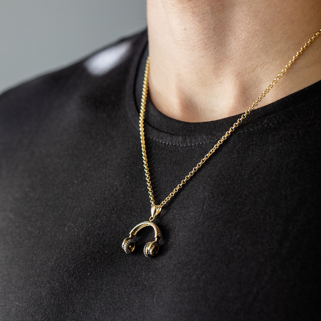 Men's 14K Yellow Gold DJ Necklace, Solid Gold Headphone Necklace, Gold ...