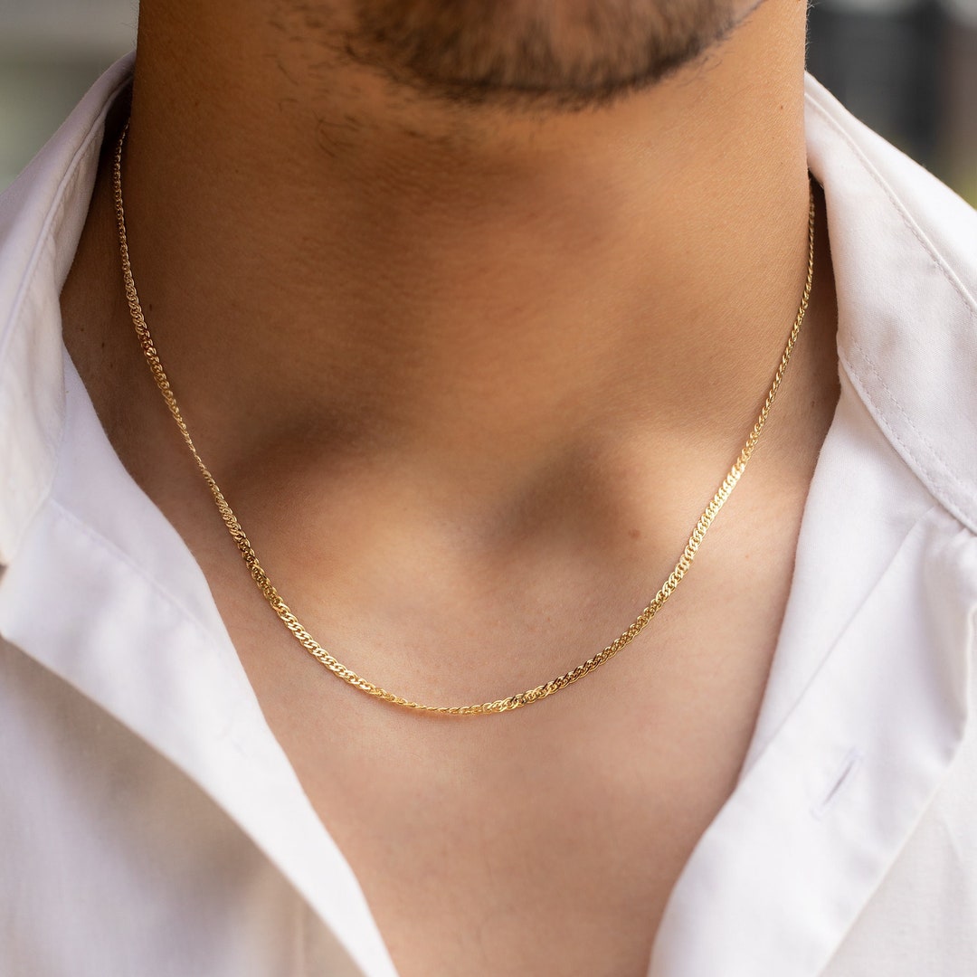 Men's 14K Solid Gold Flat Chain, Men's Gold Chain Necklace, Yellow Gold ...