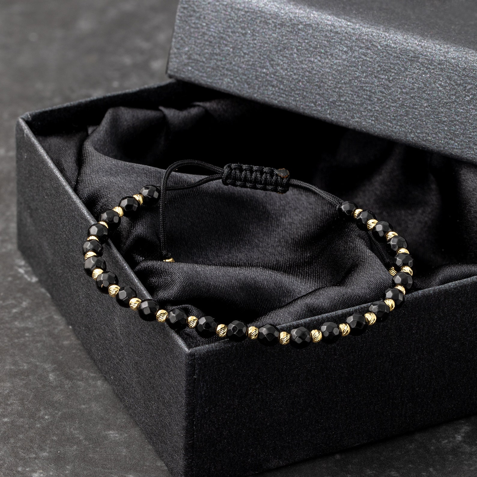 Black Onyx and 14K Real Gold Diamond Cut Beads Bracelet, Faceted Onyx ...