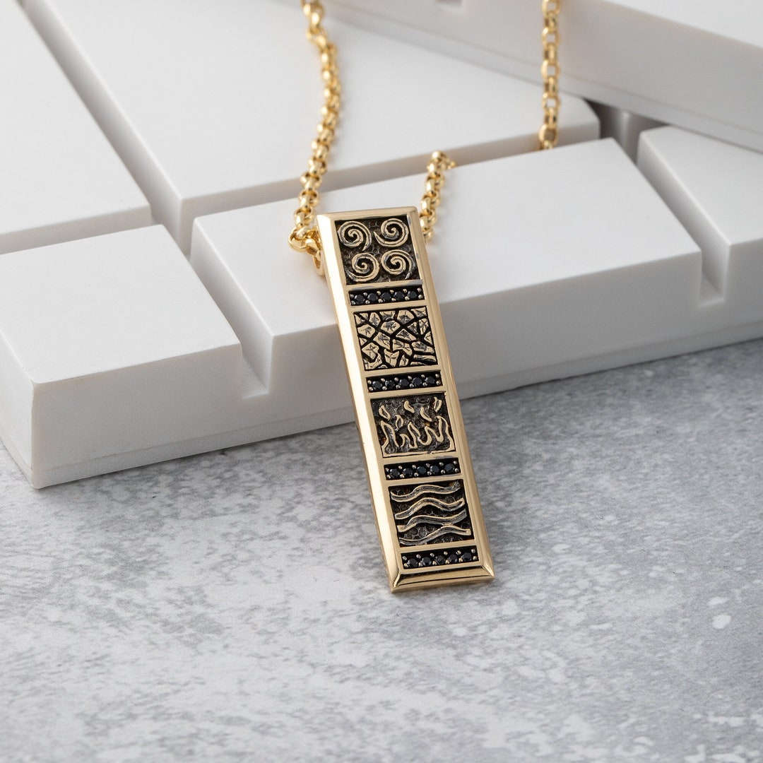Men's Solid Gold Necklace, 14K Gold Bar Pendant, Four Elements of ...
