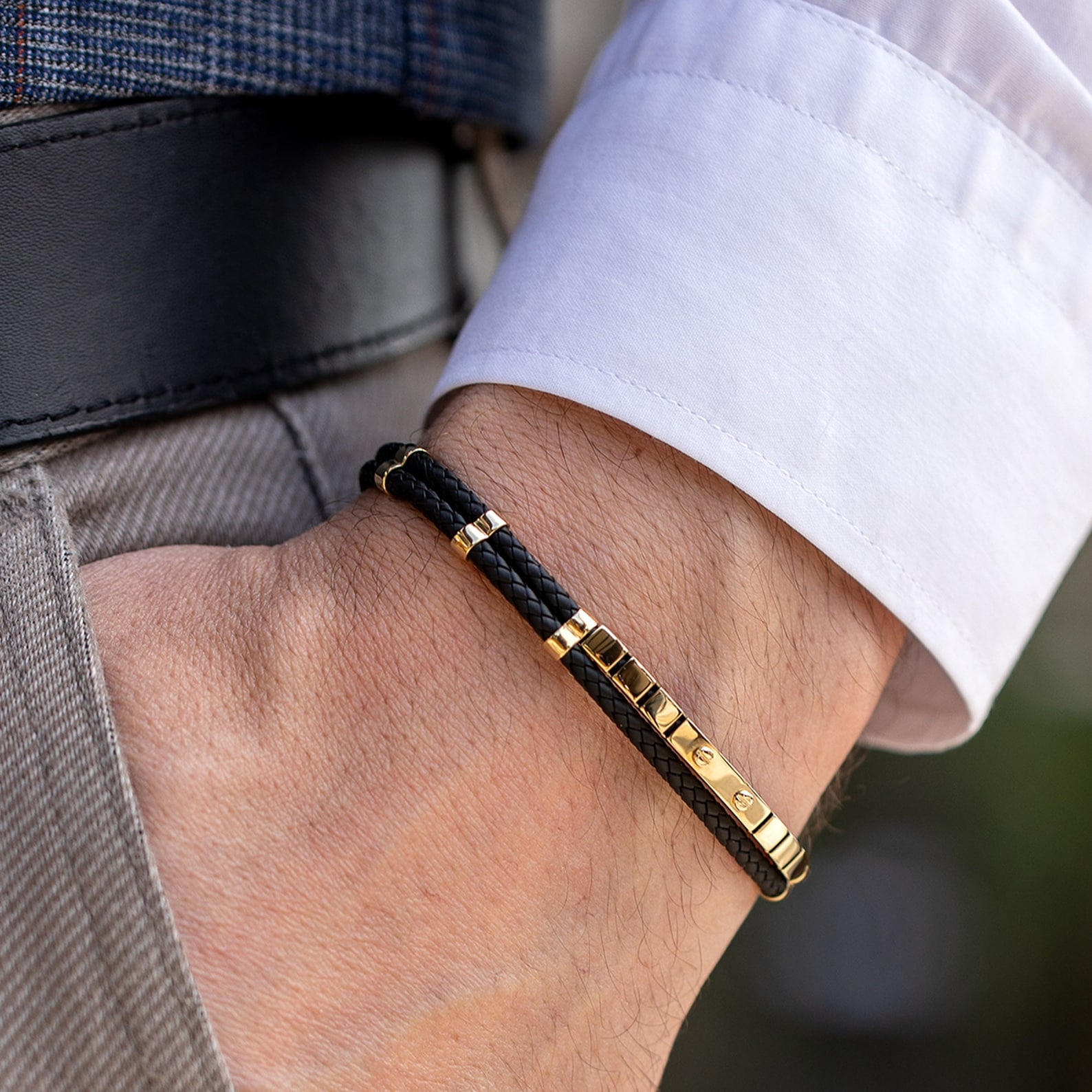 Men's Gold Bracelet, 14K Solid Gold Black Cord Men Bracelet, Gold Screw ...