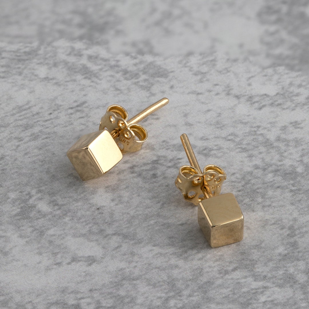 14k Solid Gold Cube Earrings, Stud Earrings for Men, 4mm 5mm Solid Gold ...