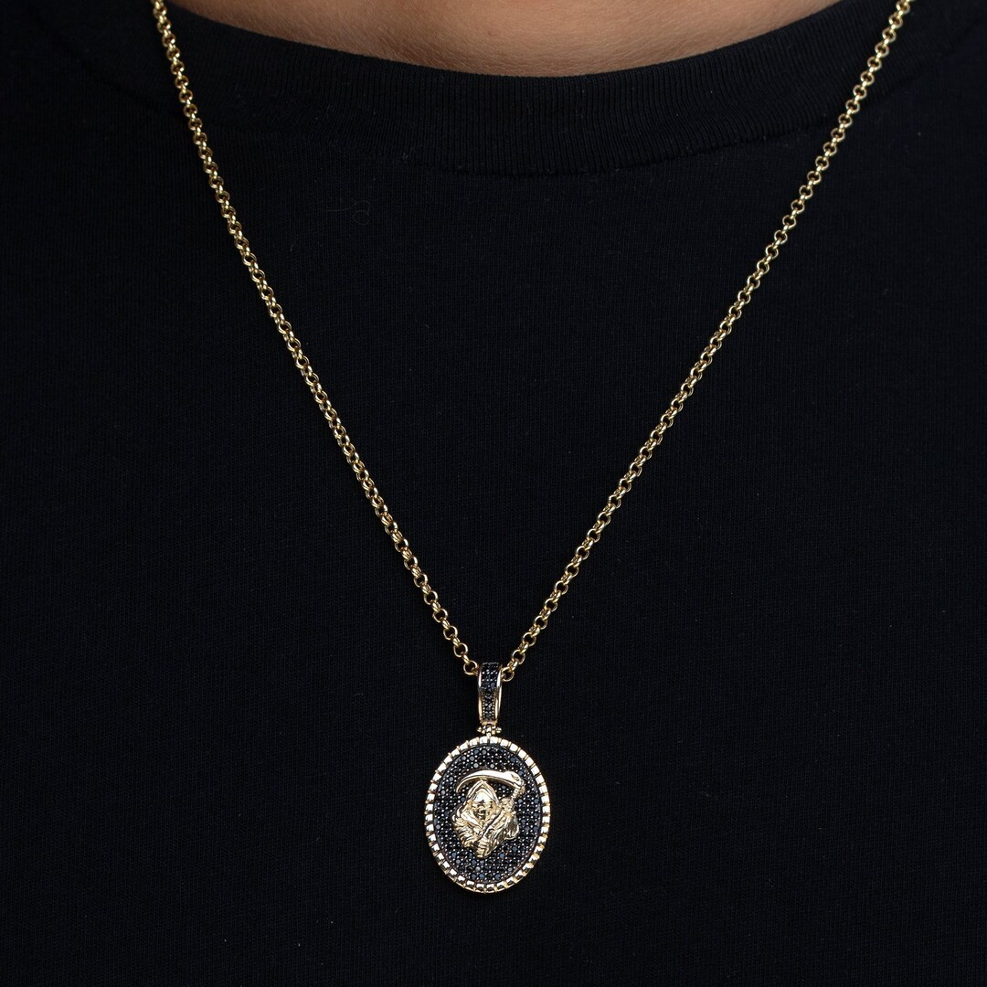 Men's Solid Gold Grim Reaper Pendant, 14kt Real Gold Death Symbol ...