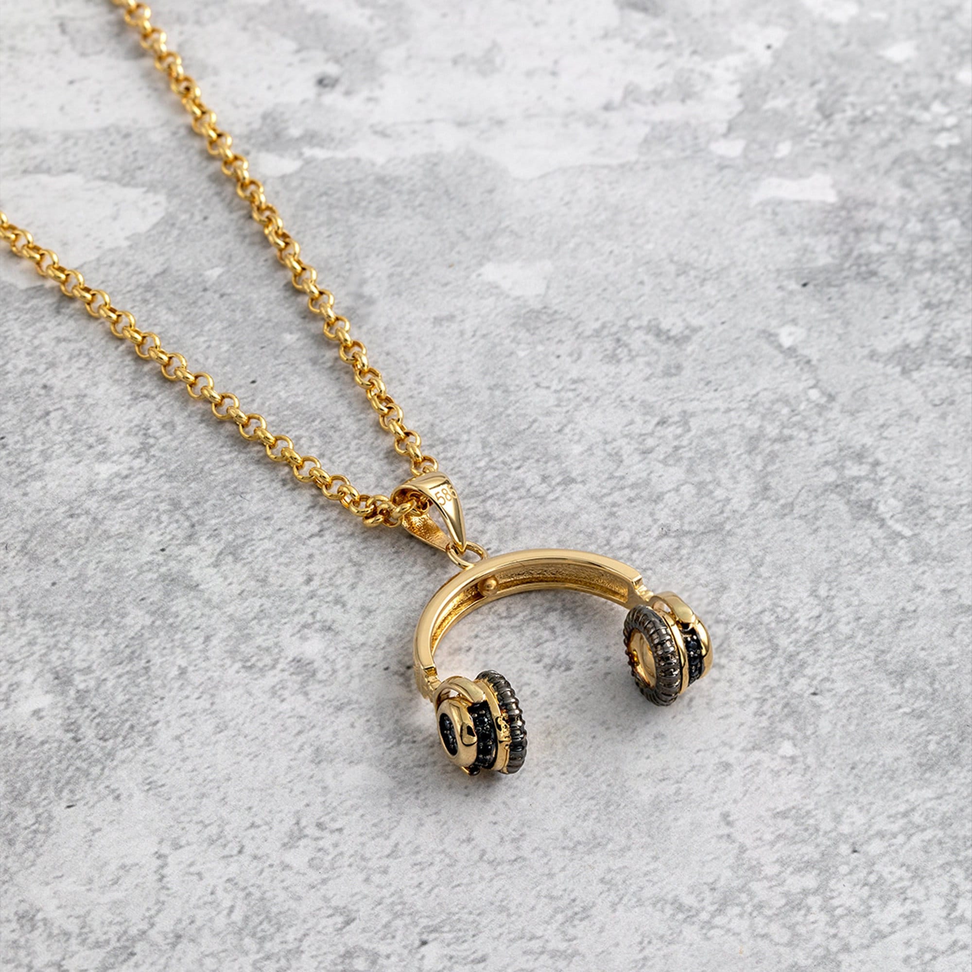 Men's 14K Yellow Gold DJ Necklace, Solid Gold Headphone Necklace, Gold ...