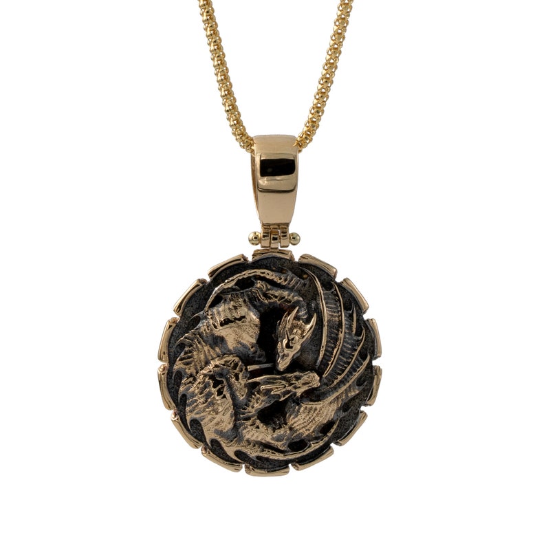 Men's 14k Gold Dragon Pendant, 14K Solid Gold Double Dragon's Necklace ...