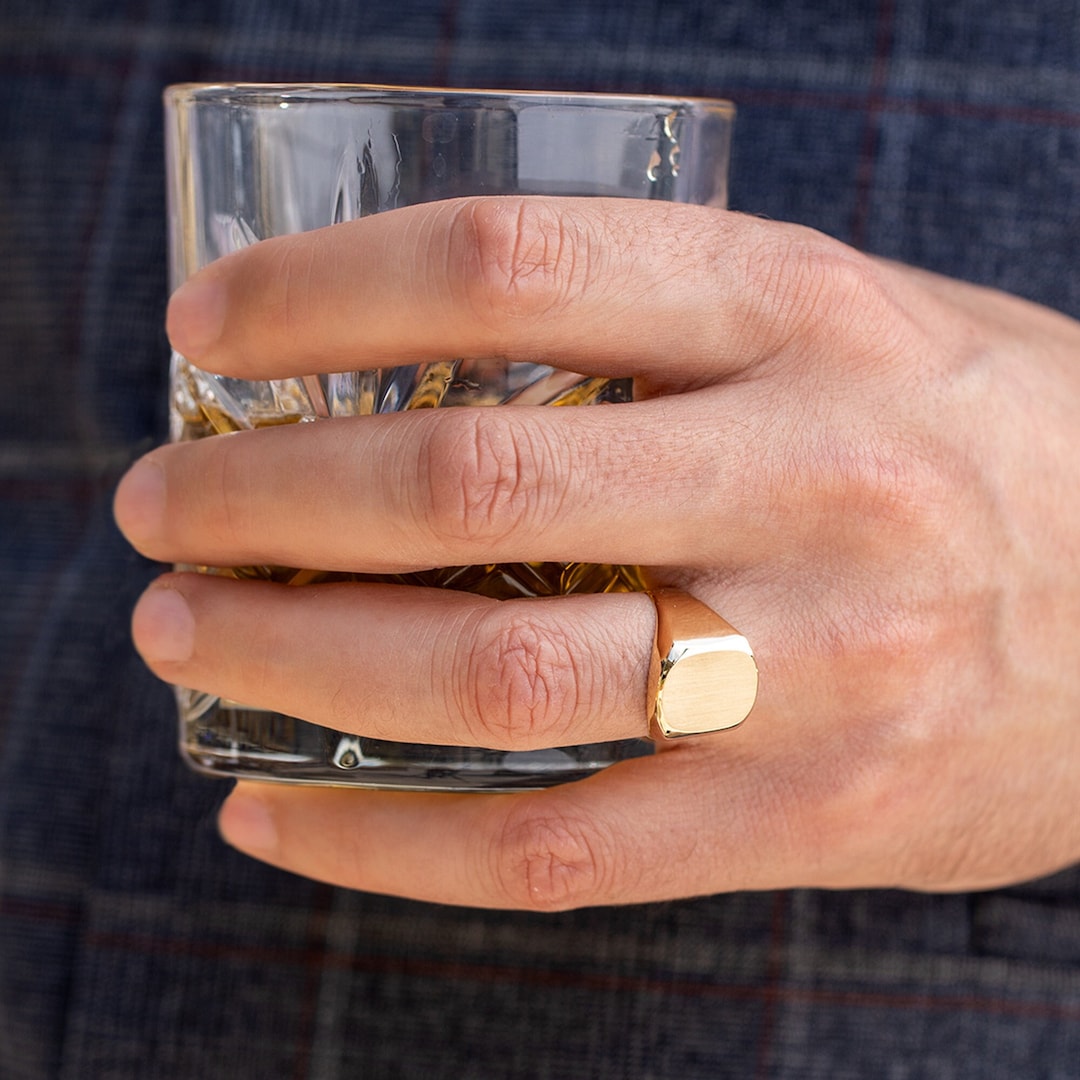 14k Gold Square Signet Ring for Men / Men's Personalized Gold Signet Ring / Anniversary Gift ...