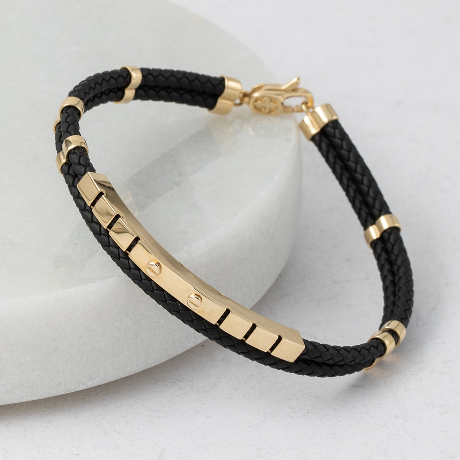 Men's Gold Bracelet, 14K Solid Gold Black Cord Men Bracelet, Gold Screw ...