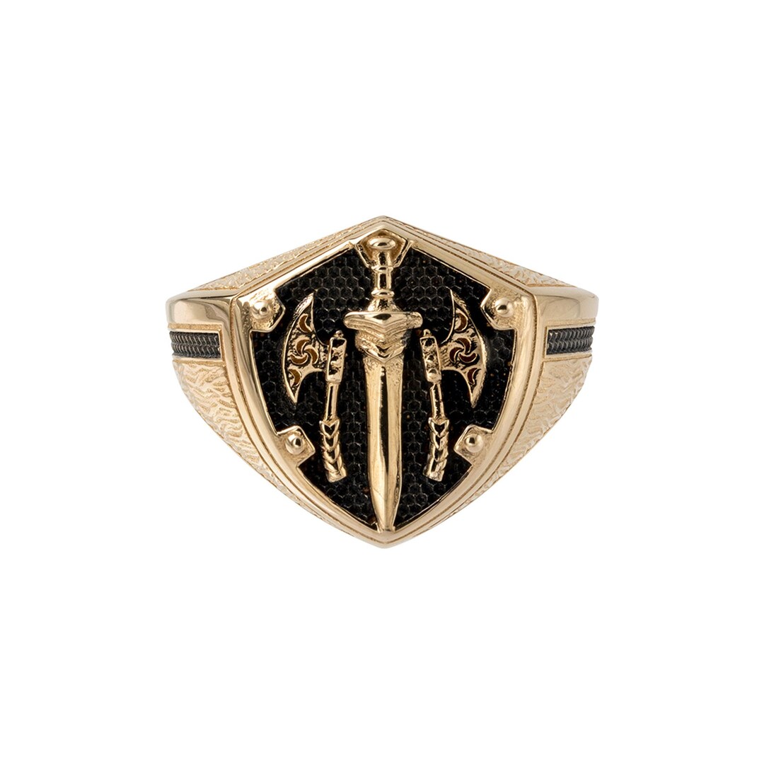 Handcrafted Sword and Axe Ring in 14K Solid Gold / 14K Gold Knight Ring ...