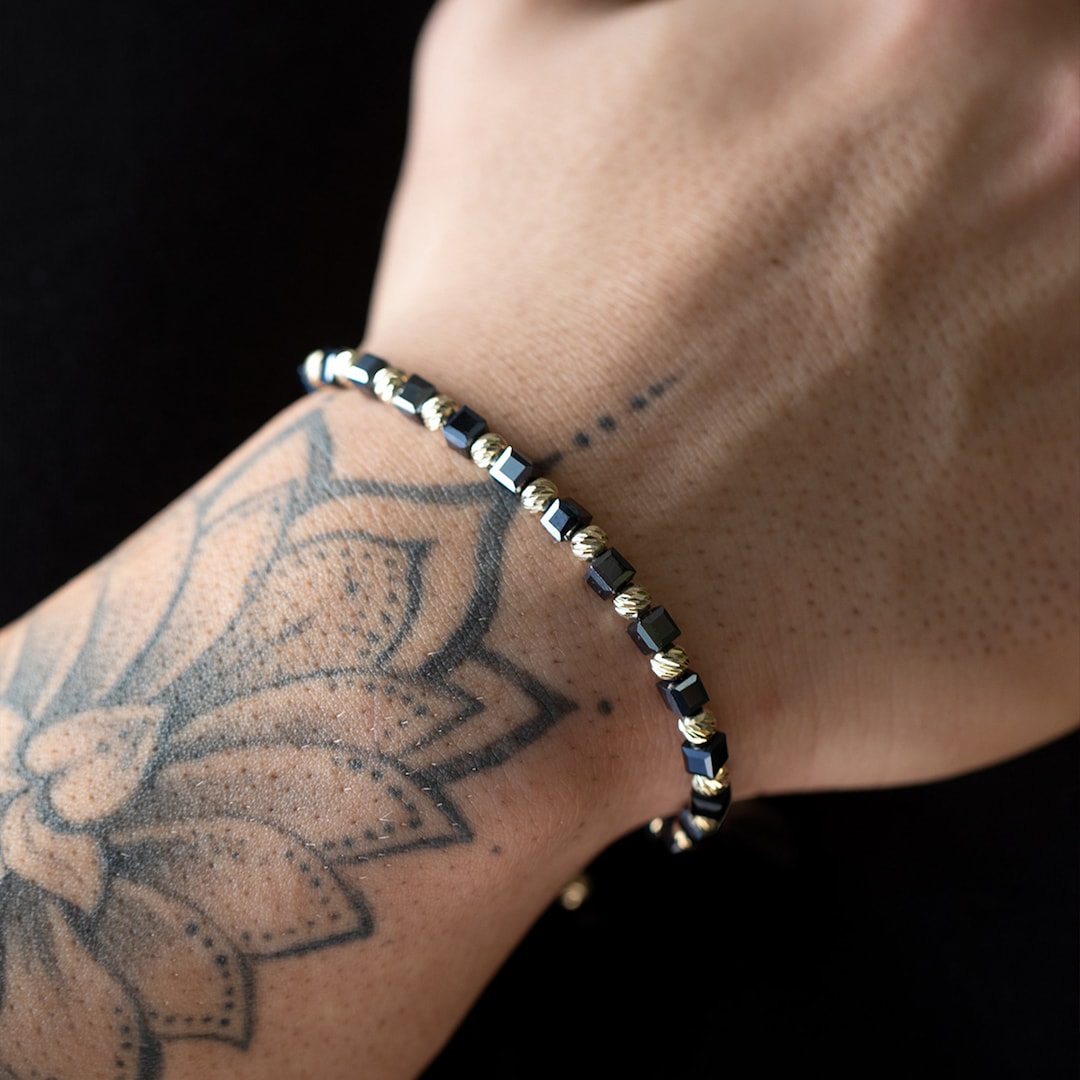 14K Solid Gold Men Bracelet, Black Stone Man Jewelry, Real Gold ...