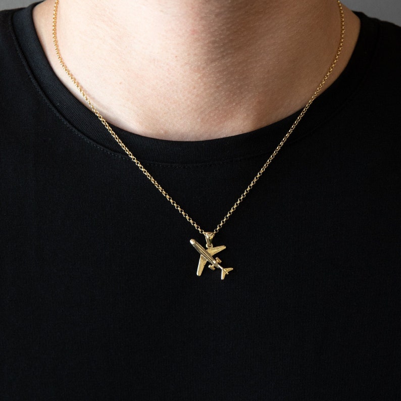 Men's Solid Gold Airplane Pendant Necklace, 14k Gold Plane Charm, Gift ...