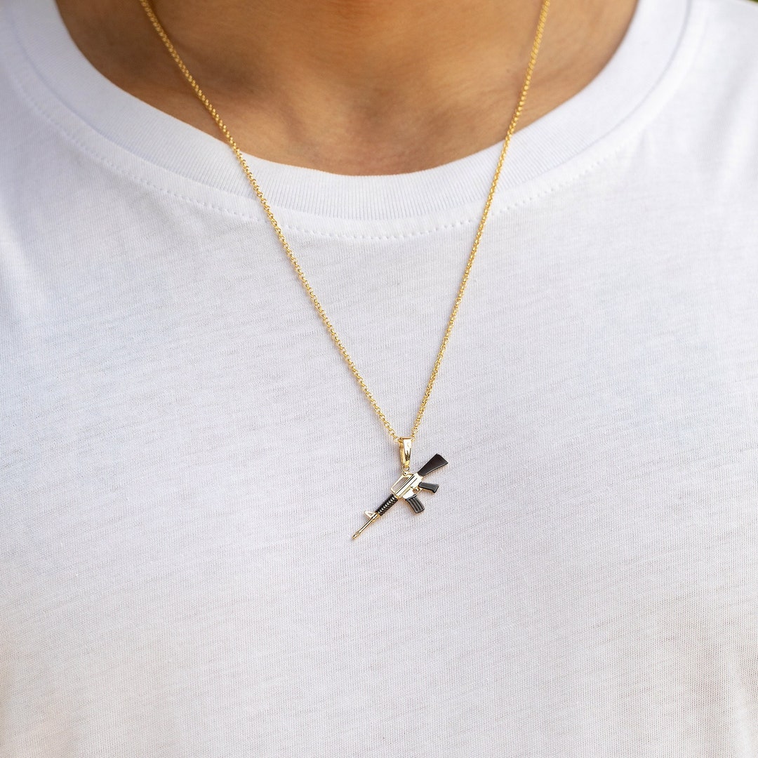Men's 14K Solid Gold Machine Gun Charm Pendant, 14K Gold Rifle Charm ...