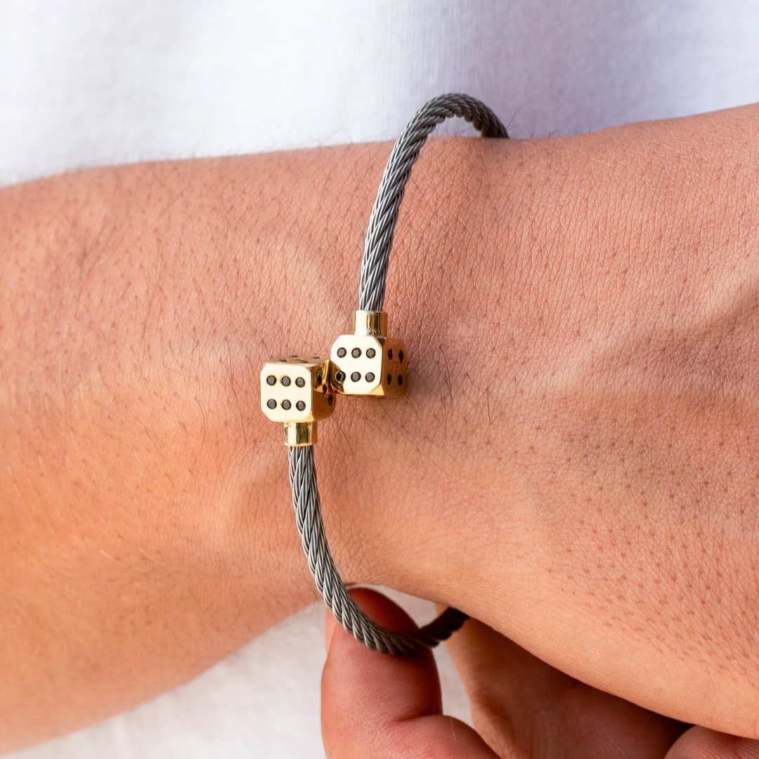 14k Solid Gold Rolling Dice Bracelet | Dice Charm Bracelet | Open Cuff ...