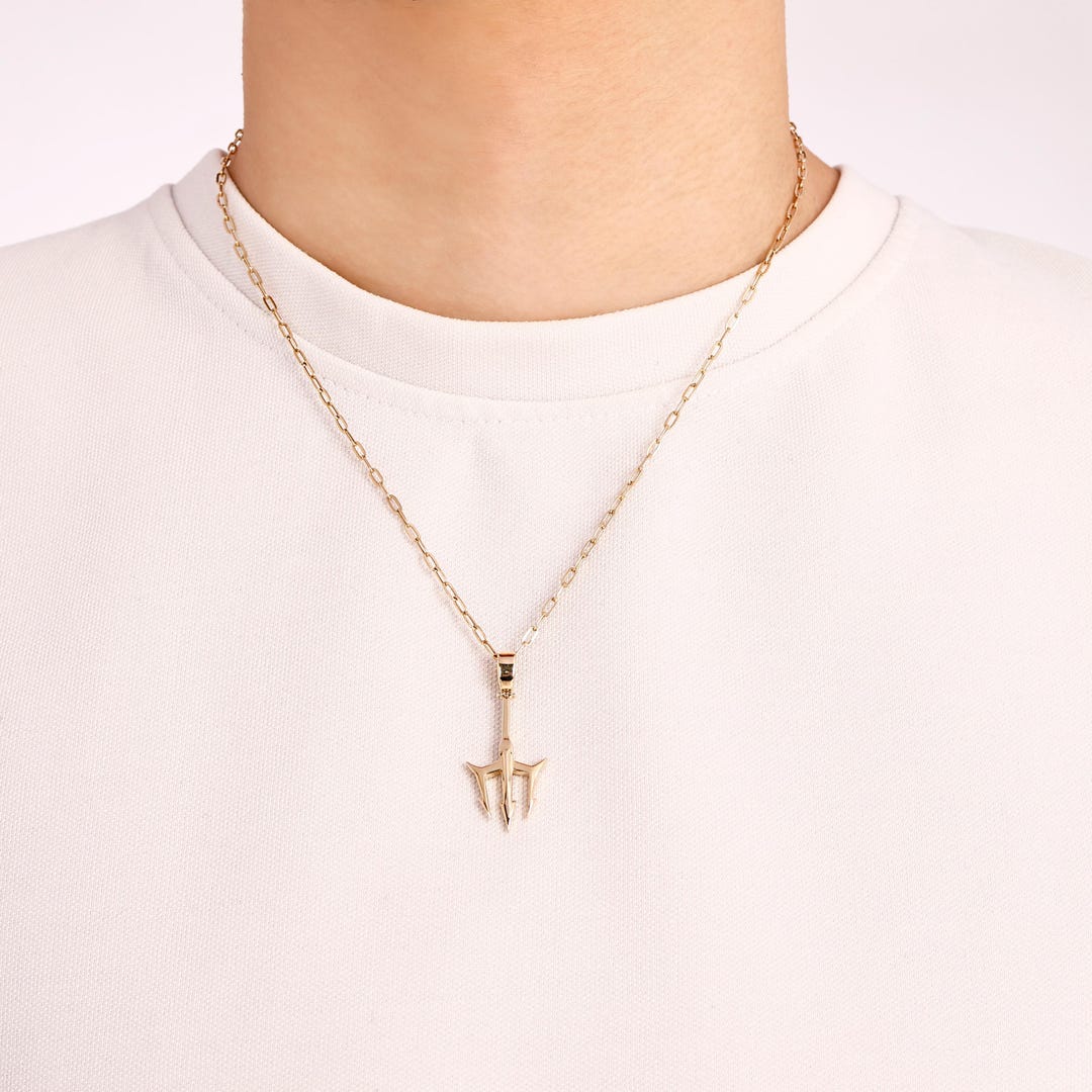 14k Gold Trident of Poseidon Necklace, Gold Spear Necklace for Man ...
