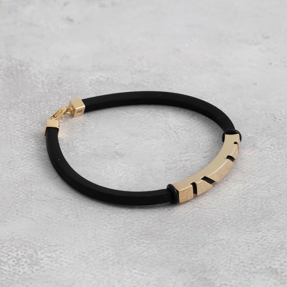 Men's Black Rubber Cord Gold Bracelet Real 14K Yellow - Etsy