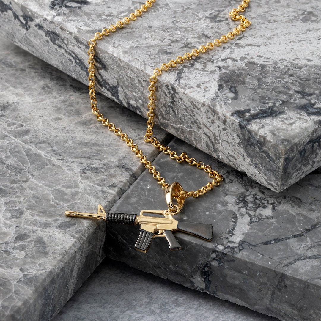 Men's 14K Solid Gold Machine Gun M4 Pendant, 14K Real Gold Necklace ...