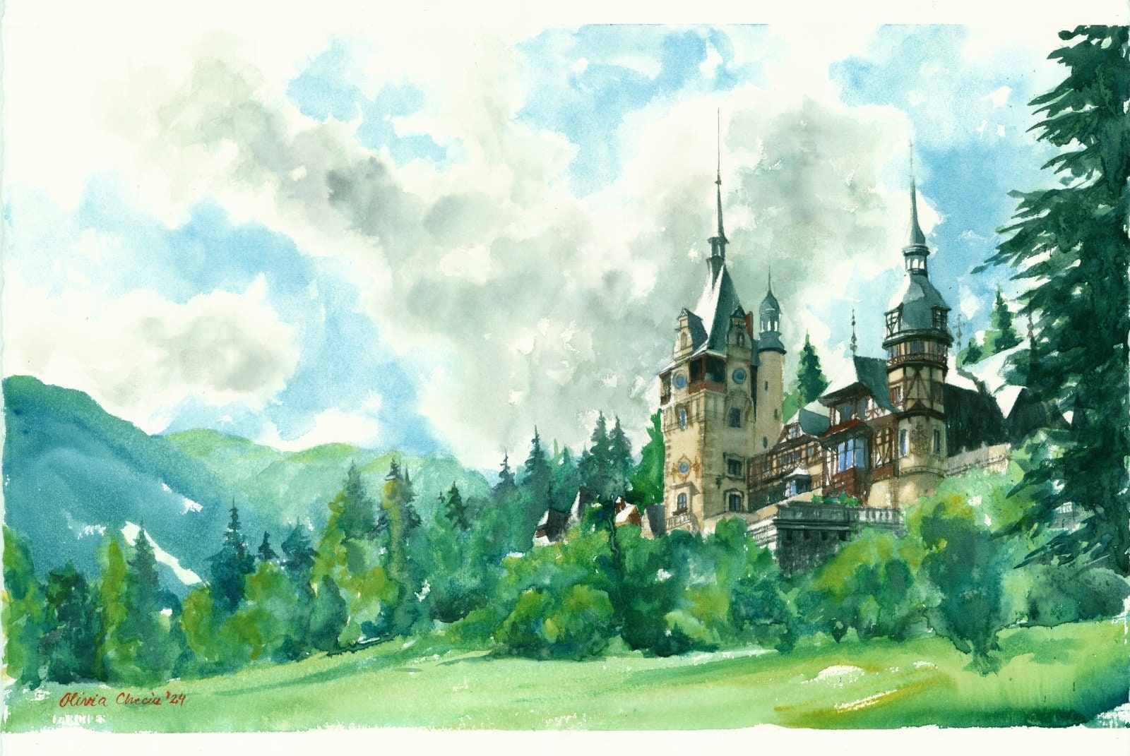 Fairytale Castle, Peles Castle, Original Watercolor Painting, Unique ...