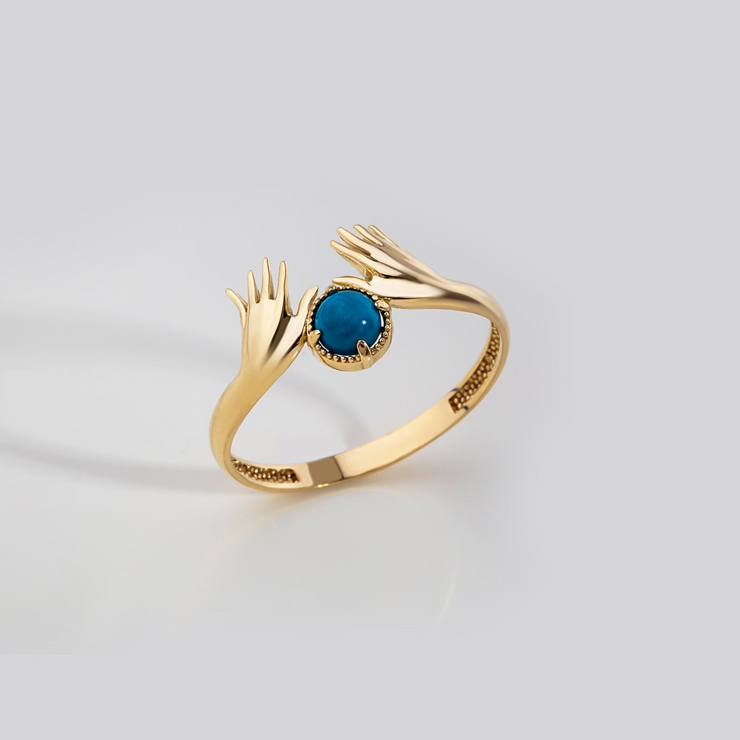 14K Gold Hug Ring Wih Turquoise Stone, Stacable Hand Ring, Promise Ring ...