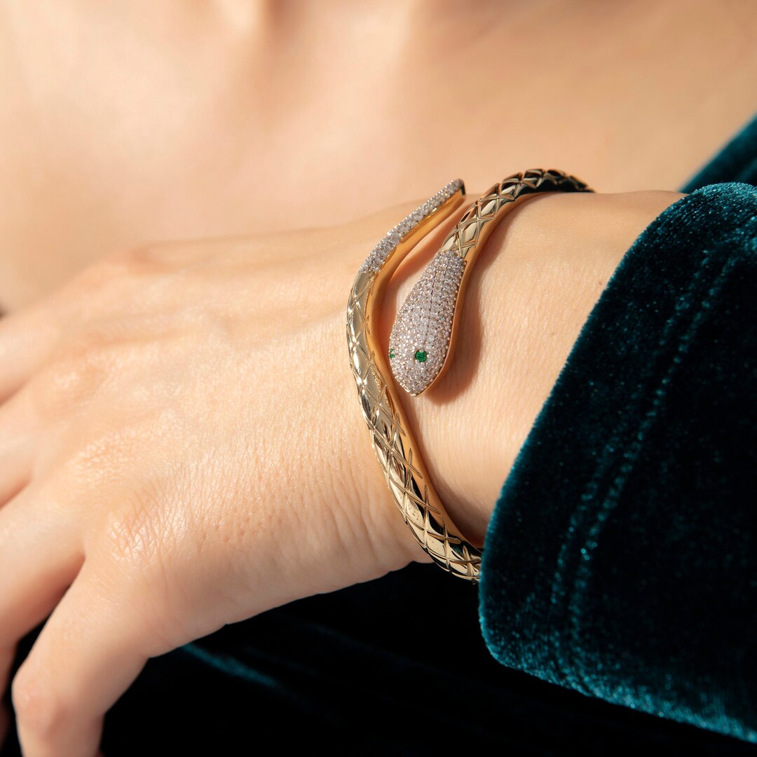 14k Gold Pave Snake Bangle, Snake Diamond Bracelet, Snake Cuff Bangle ...