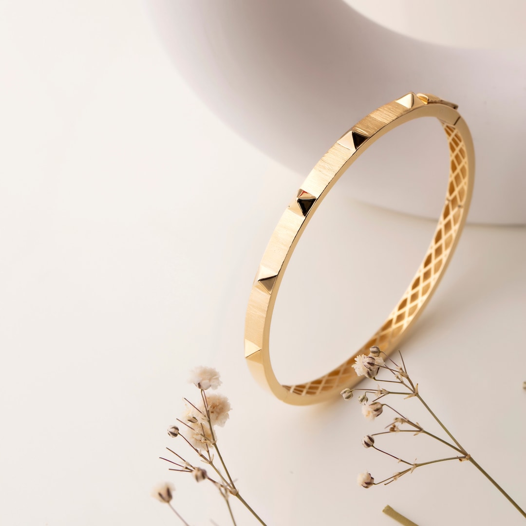 14k Solid Gold Egypt Pramid Bracelet, Square Pyramid Bangle Bracelet Gold, Rivet Pyramid ...