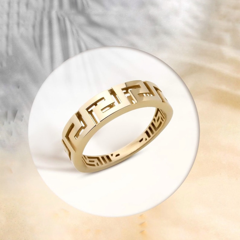 14K Solid Gold Greek Key Ring Labyrinth Ring Gold Meander - Etsy