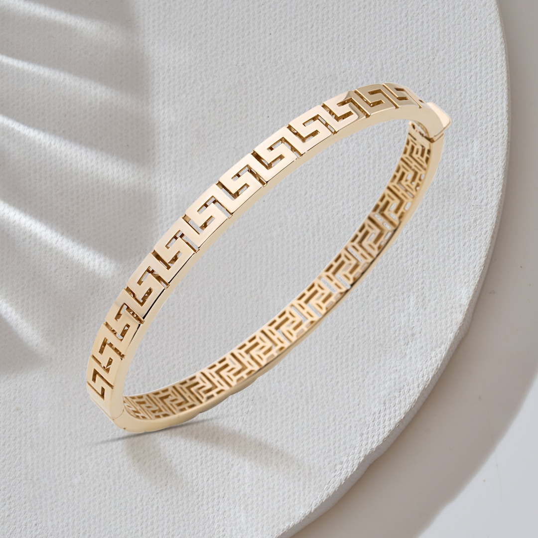 14k Solid Gold Greek Key Bangle, Greka Motif Bangle, Meander Bangle ...