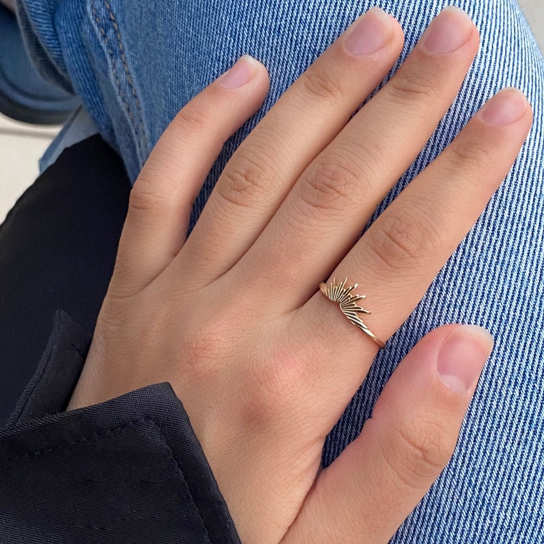 14k Solid Gold Sunburst Ring Gold Sunbeam Ring Sunshine - Etsy