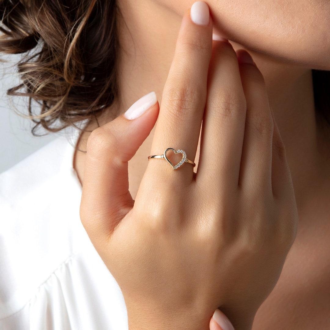 14K Solid Gold Heart Ring, Elegant Minimalist Heart Ring, Mother's Day Gift, Valentine's Day ...