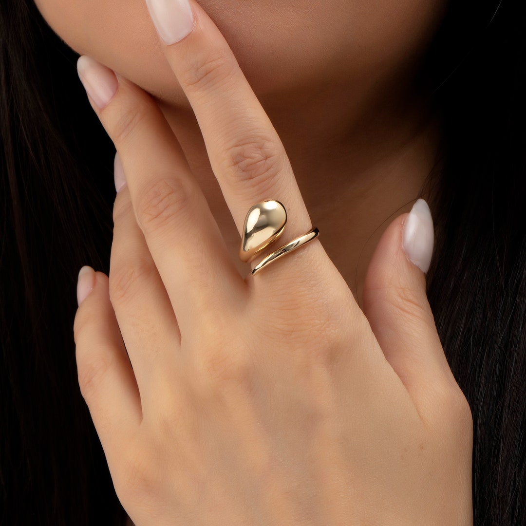 14K Solid Gold Drop Model Ring, Gold Drop Dupe Rings, Teardrop Ring ...